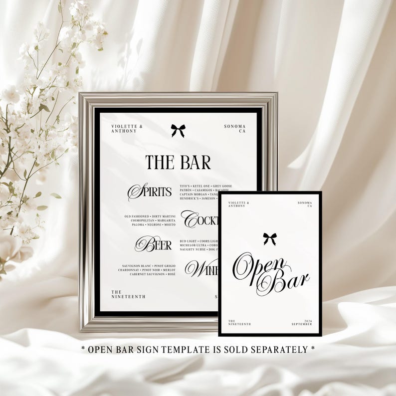 Old Money Wedding Bar Sign • Canva Template • Black and White, Elegant ...