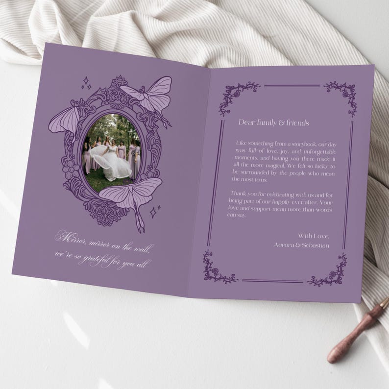 Fairytale Wedding Folded Thank You Card • Canva Template • Purple ...