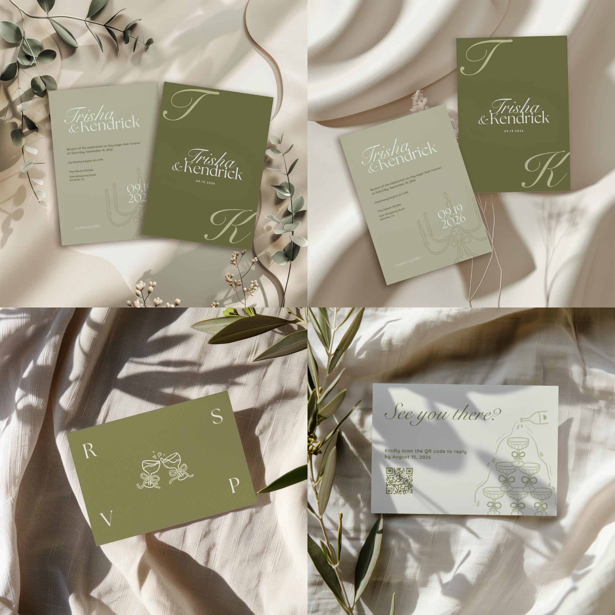 Olive & Plum Wedding Invitation Suite • Canva Template • Green and ...