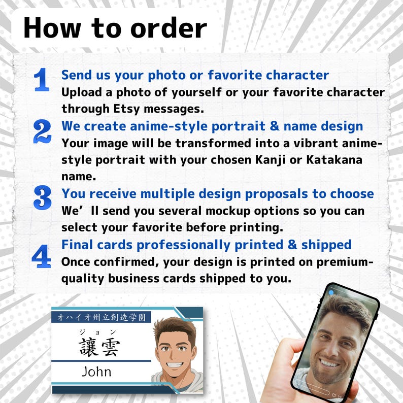 Custom Anime Portrait Business Cards Personalized Kanji or Katakana ...