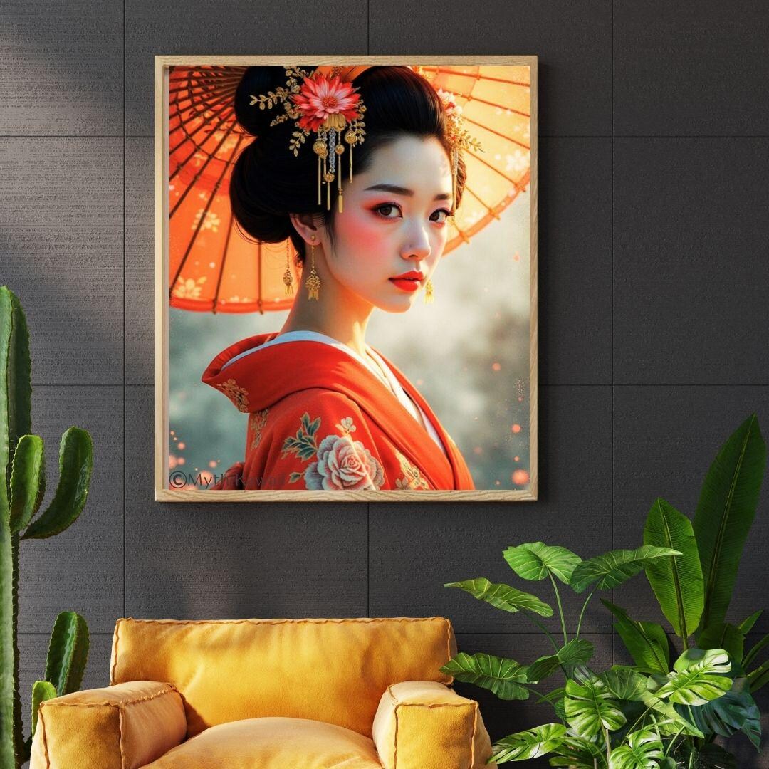 Modern Geisha Girl Wall Art, Red Kimono Girl Poster, Japanese Artwork ...