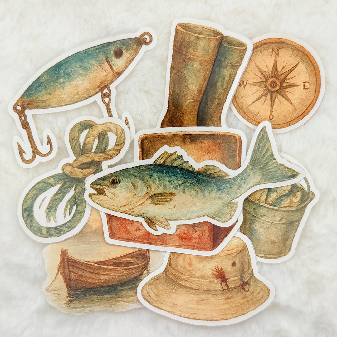 Fisherman Core Sticker Pack – Vintage Fishing Gear, Rustic Outdoors ...