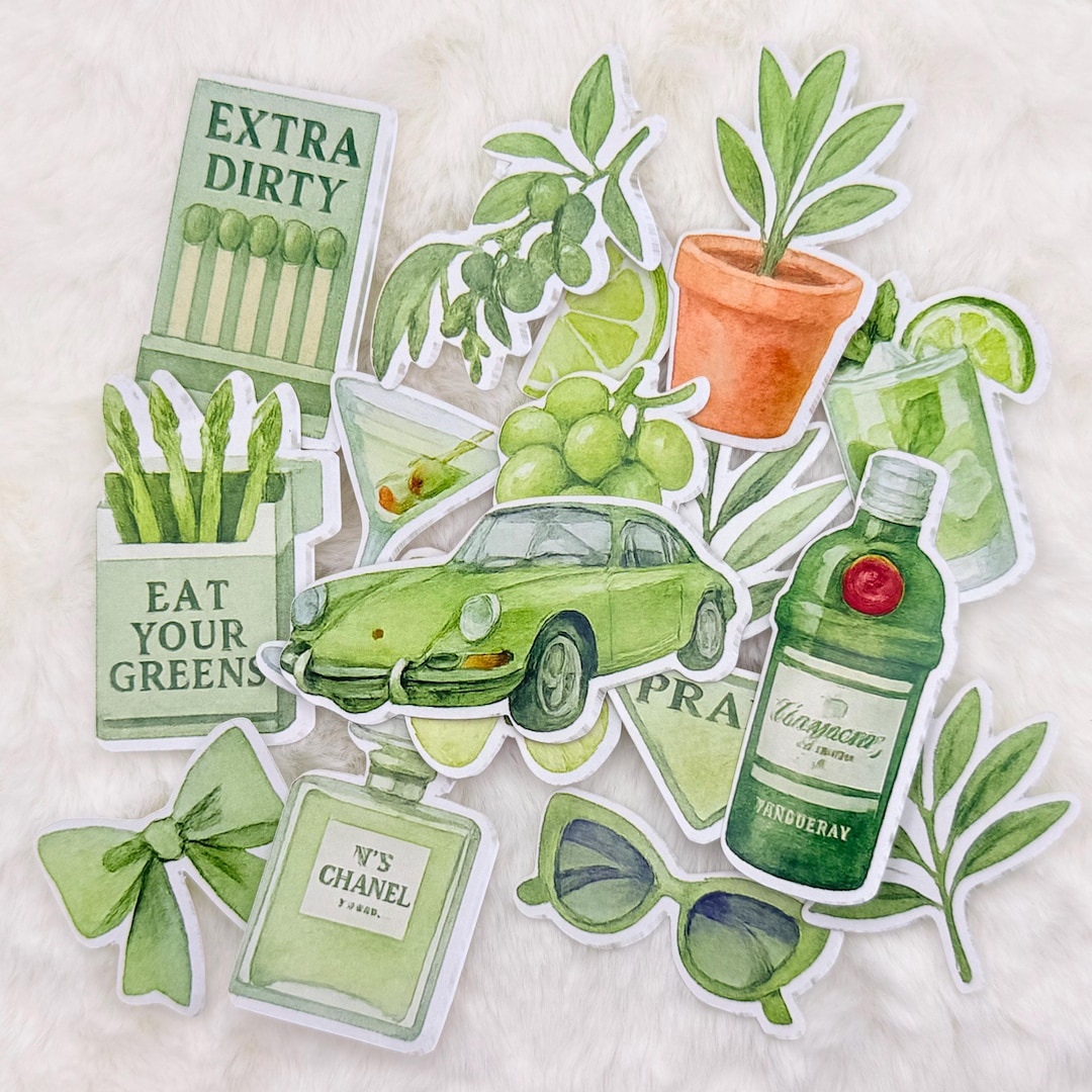 Green Aesthetic Sticker Pack – Glossy Cocktail, Fashion & Garden Vibes ...
