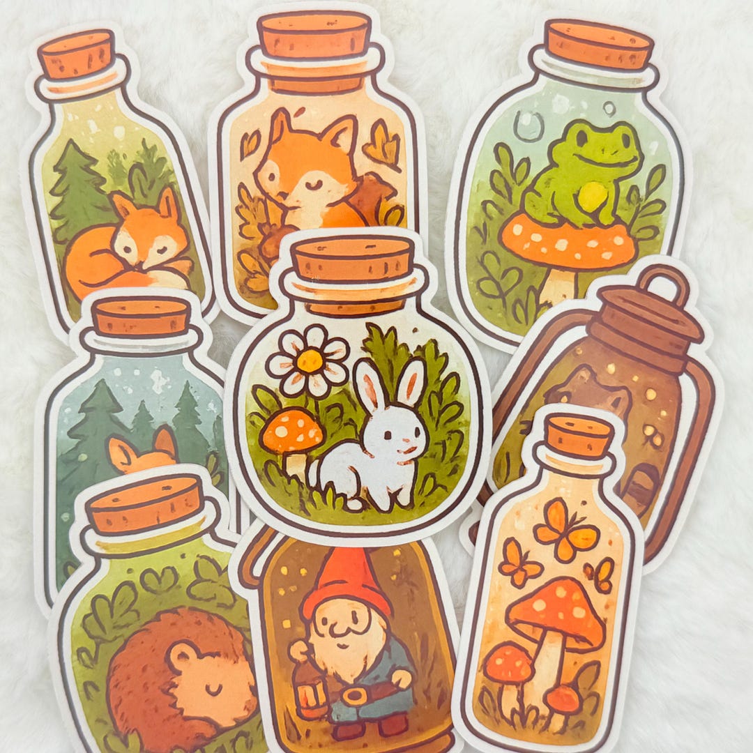 Woodland Jar Sticker Pack: Cottagecore Forest Animals, Glossy Vinyl ...