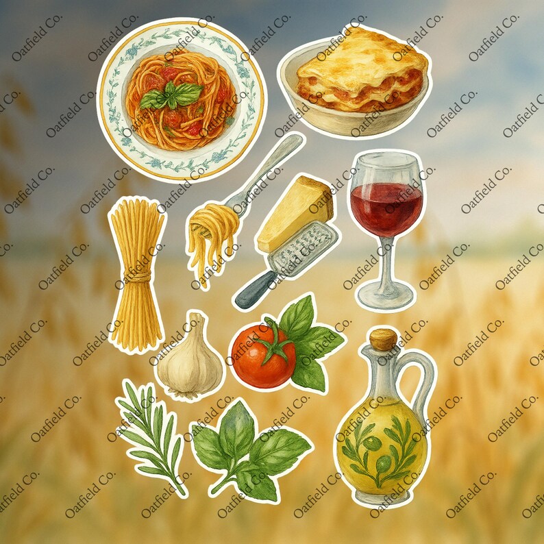 Italian Food Sticker Pack – Watercolor Pasta, Lasagna, Garlic, Olive ...