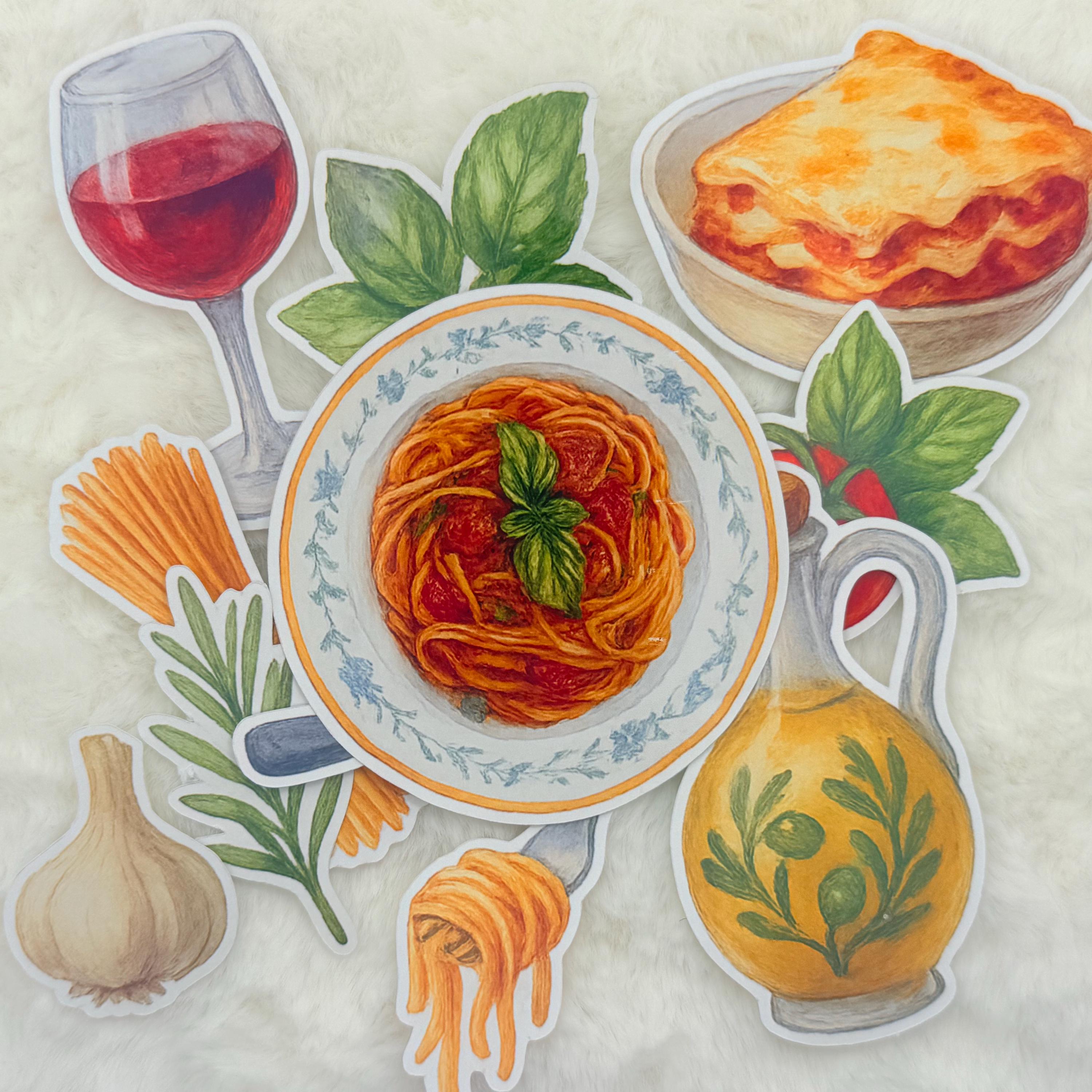 Italian Food Sticker Pack – Watercolor Pasta, Lasagna, Garlic, Olive ...