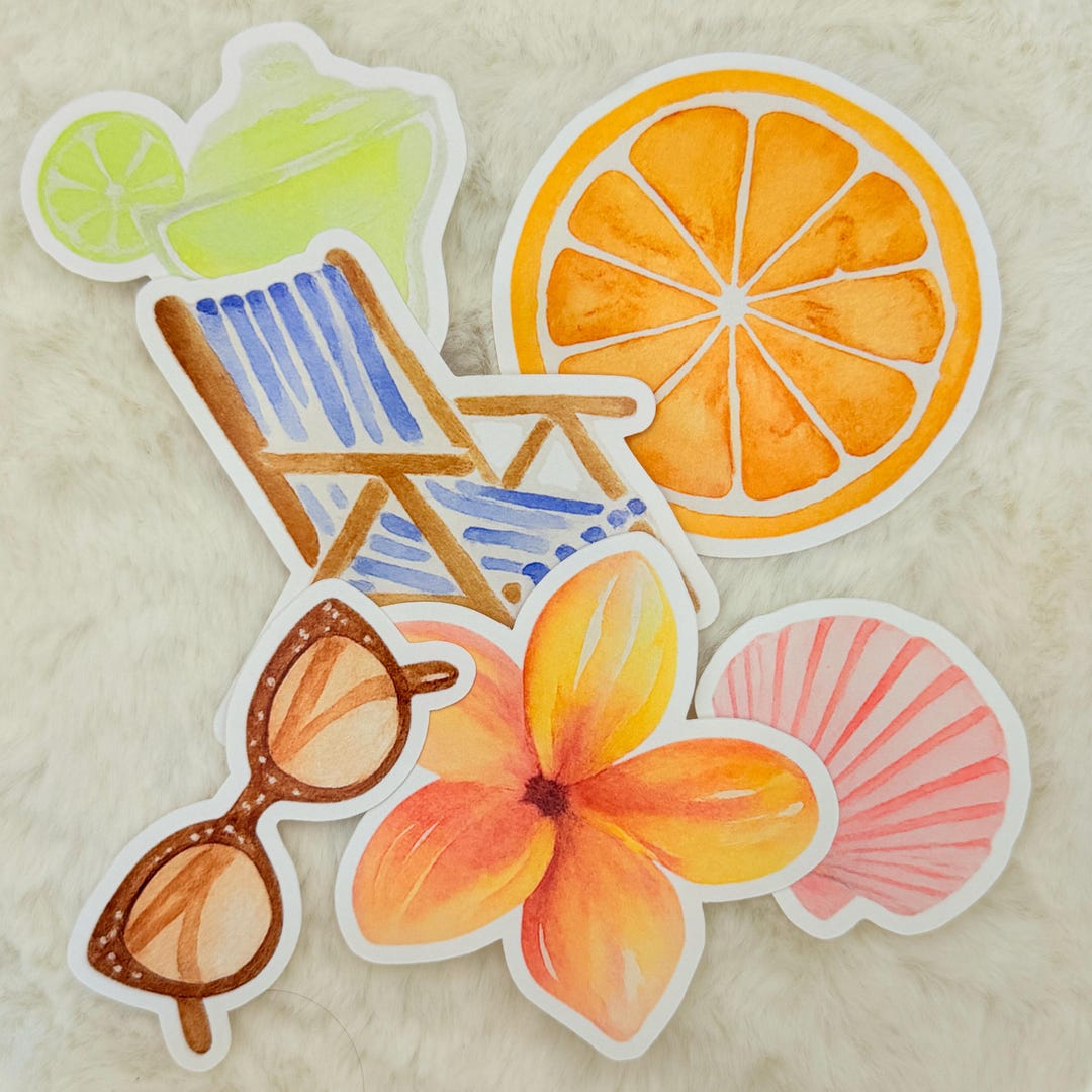 Summer Vacation Watercolor Sticker Pack – Tropical Drink, Sunglasses ...