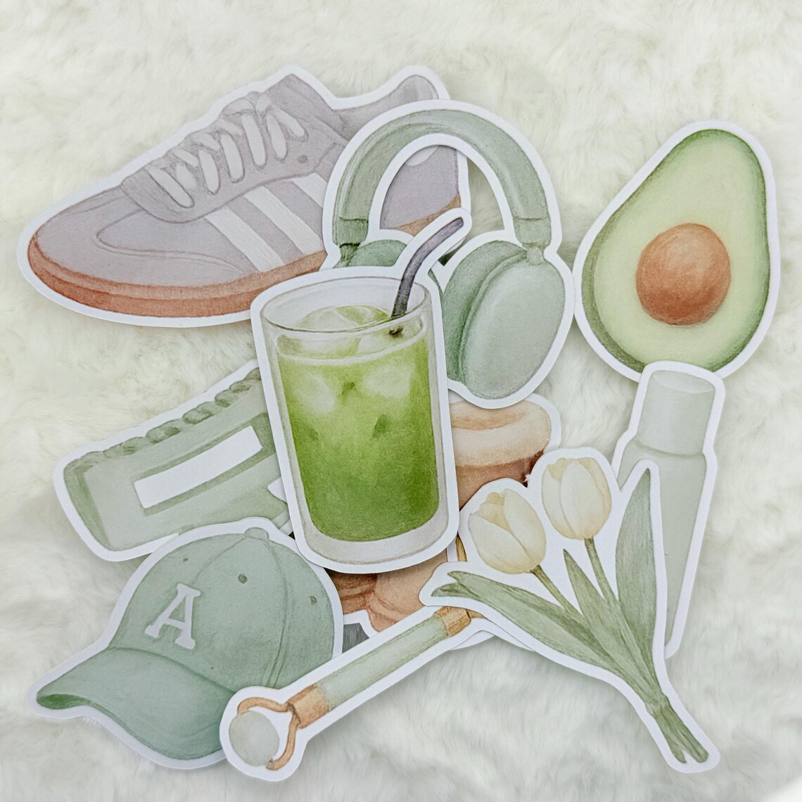 Matcha Aesthetic Glossy Sticker Pack – Avocado, Headphones, Uggs, Hat ...