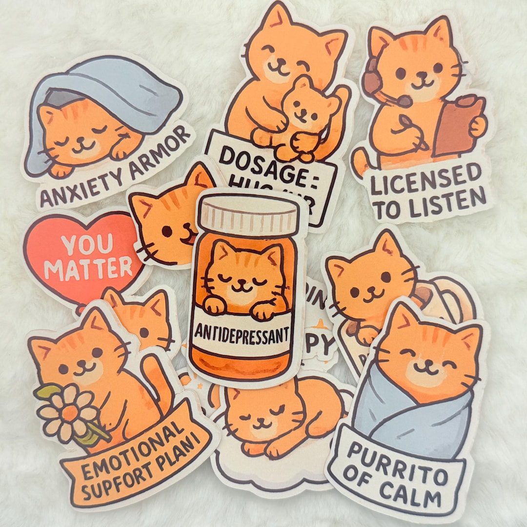 Emotional Support Cat Sticker Pack: Kawaii Mental Health Stickers - Etsy