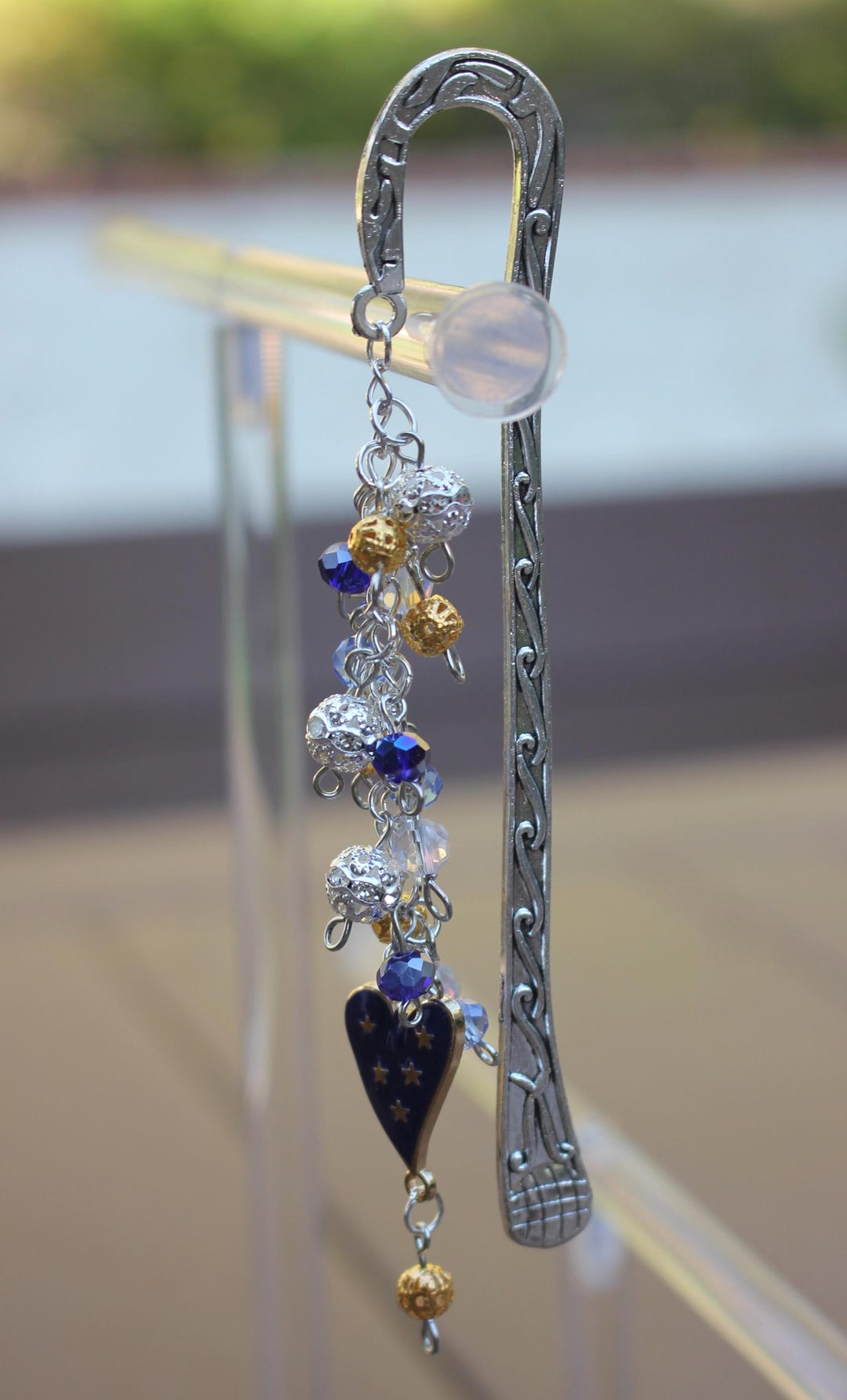 Cobalt Blue Heart Bookmark, Shepherds Hook Bookmark, Beaded Heart ...