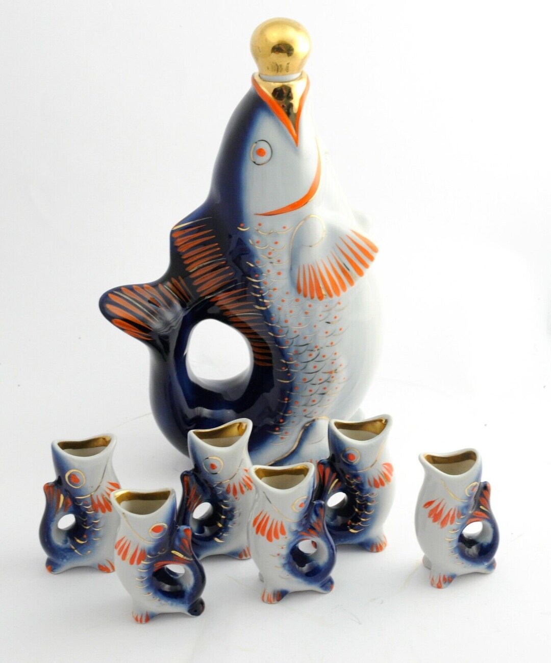 6 VODKA Shot Glass Soviet Fish Family Porcelain Set Old Soviet ZHK ...