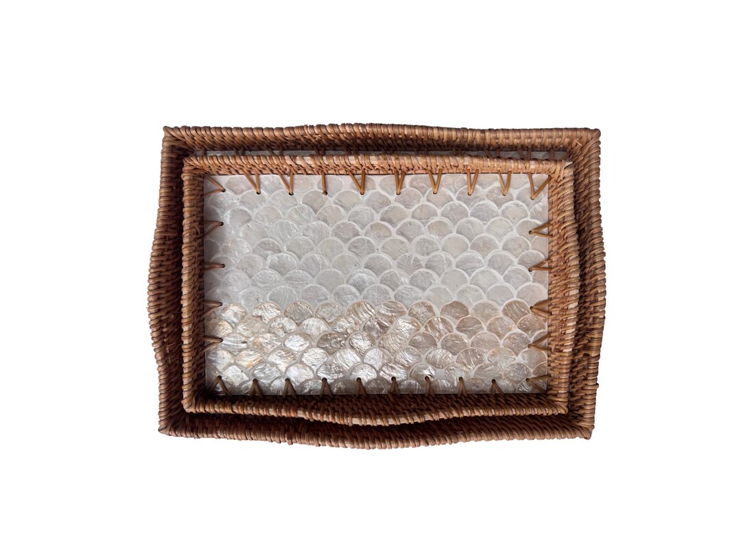 Set of 2 Wave-edge Rectangular Rattan Trays With Mother-of-pearl Inlay ...