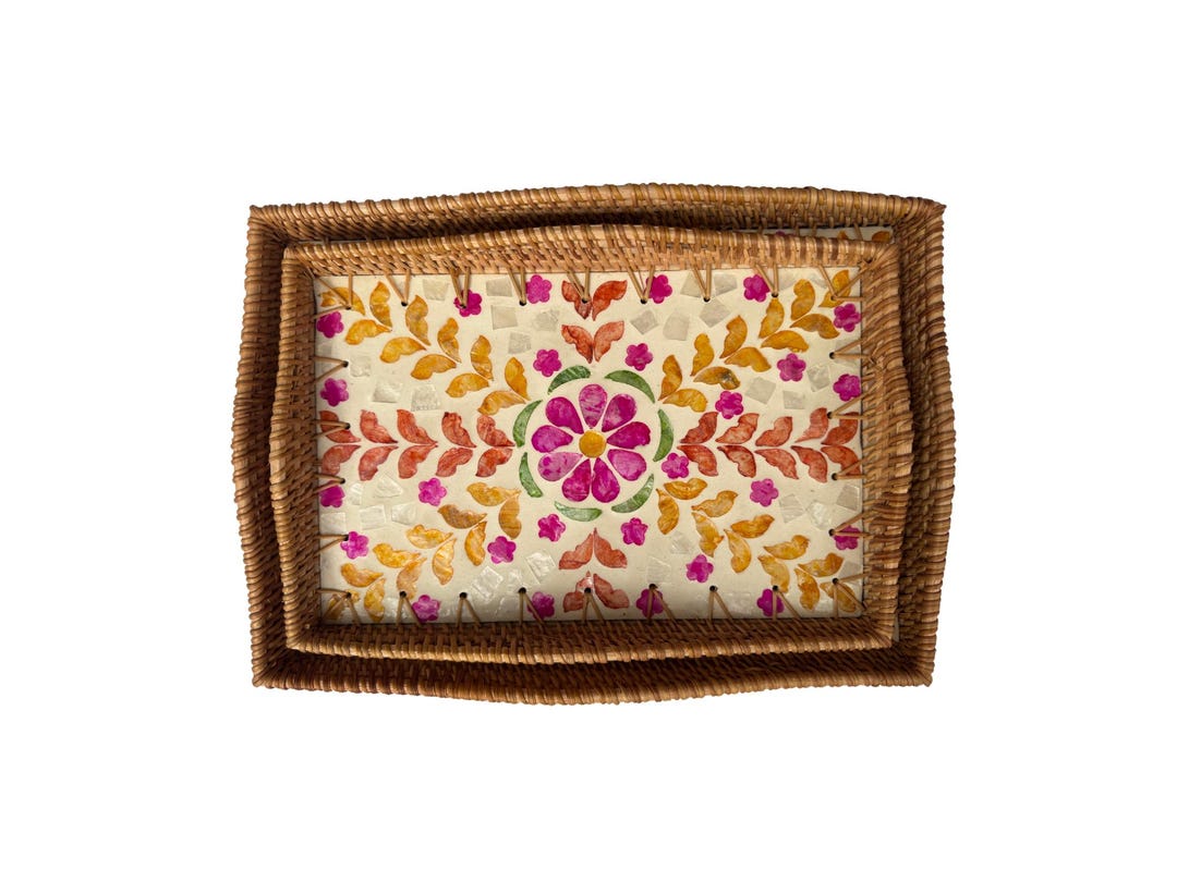 Set of 2 Wave-edge Rectangular Rattan Trays With Mother-of-pearl Inlay ...