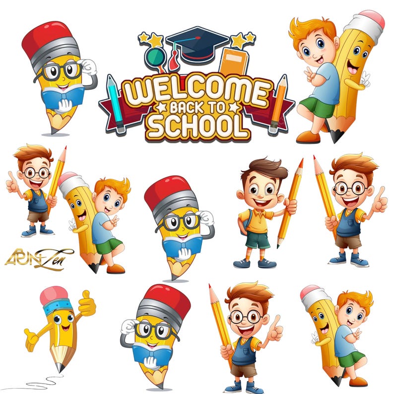 Back to School Clipart | Cute Kids & Pencil Characters | Cartoon ...