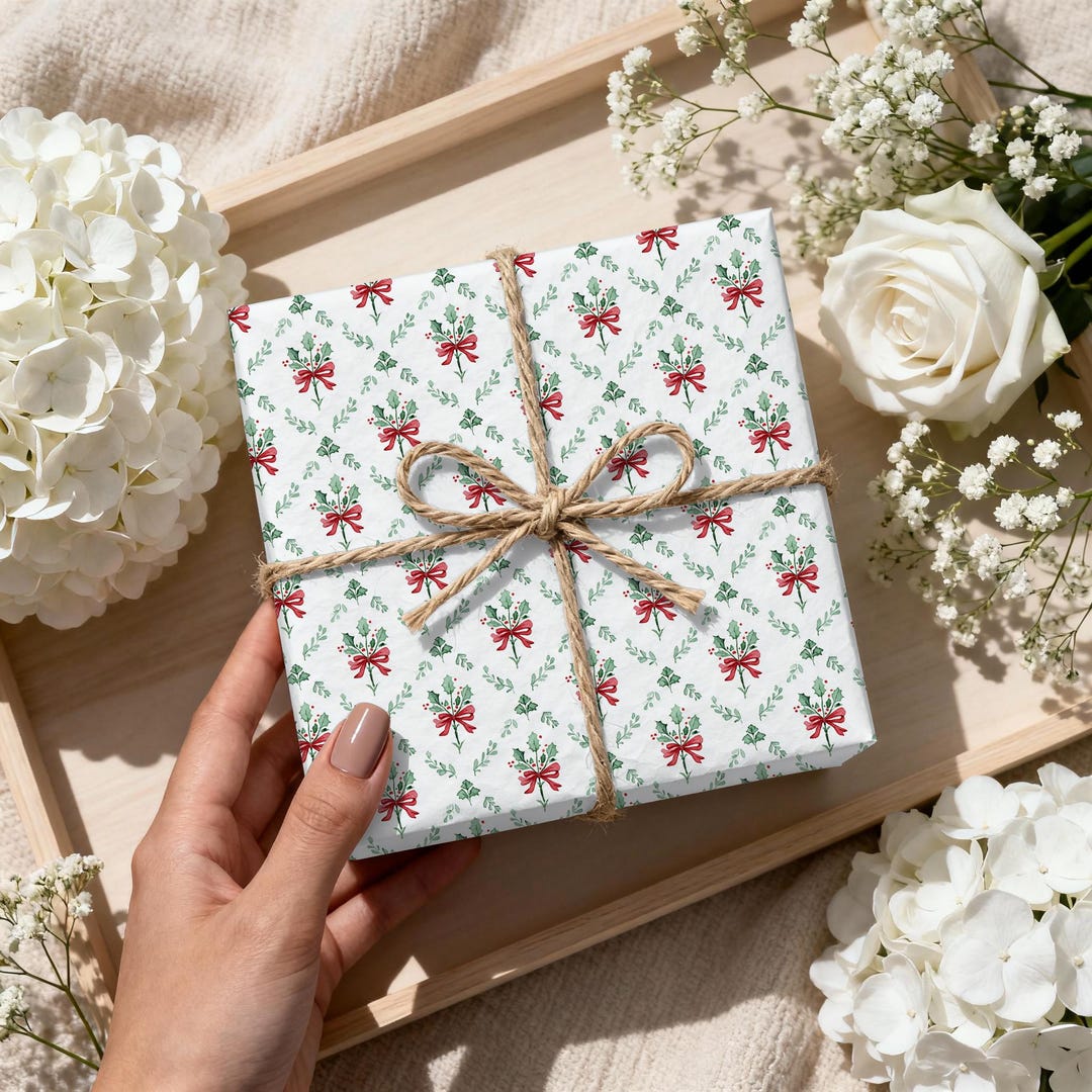 Red Bow & Holly Wrapping Paper Vintage Christmas Gift Wrap Elegant ...