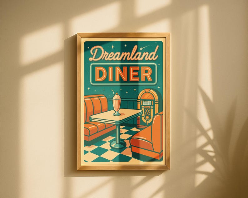 Retro Diner Wall Art – 50s Style Milkshake Bar Print With Jukebox ...