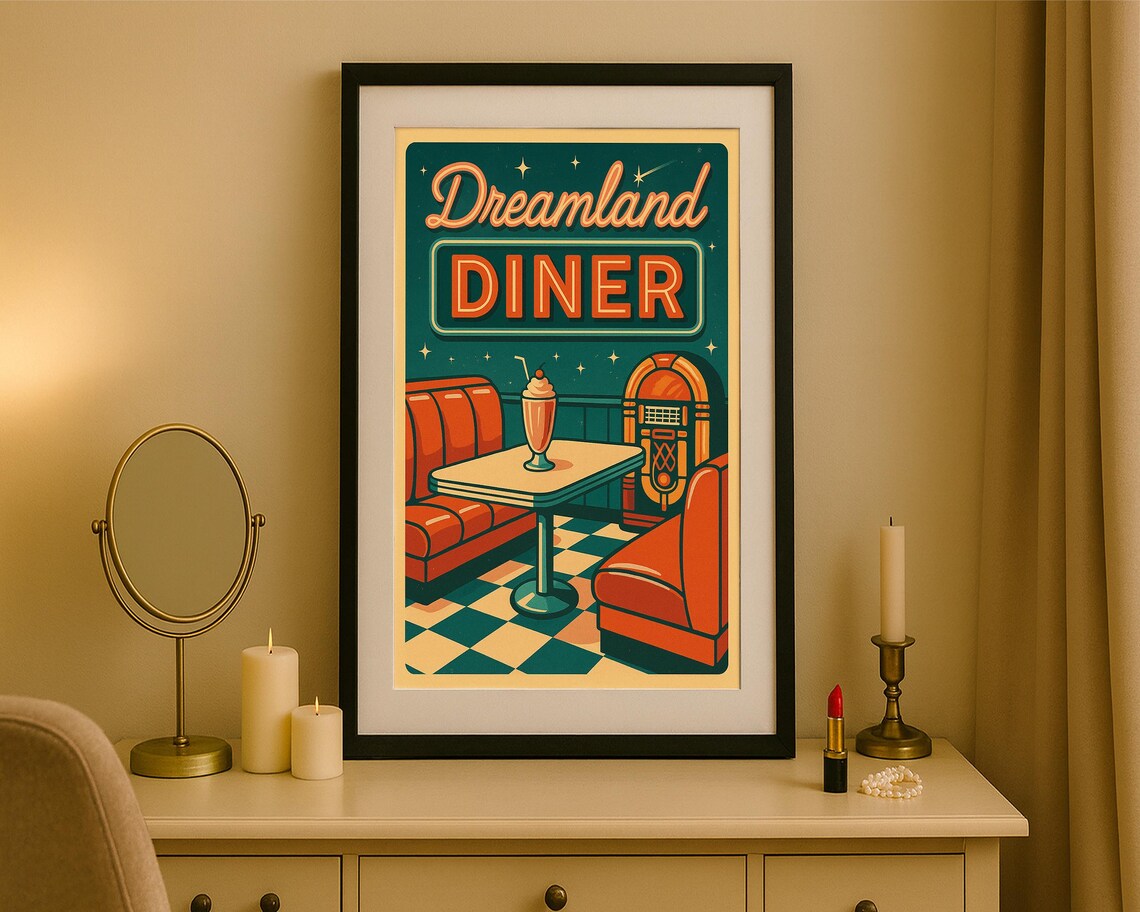 Retro Diner Wall Art – 50s Style Milkshake Bar Print With Jukebox ...