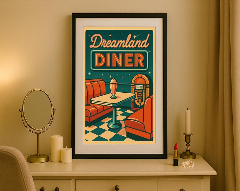 Retro Diner Wall Art – 50s Style Milkshake Bar Print With Jukebox ...