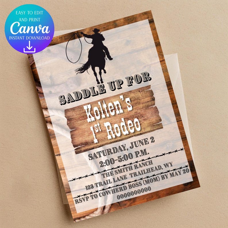 Cowboy 1st Rodeo Birthday Invitation: Western Bday, Editable Canva ...