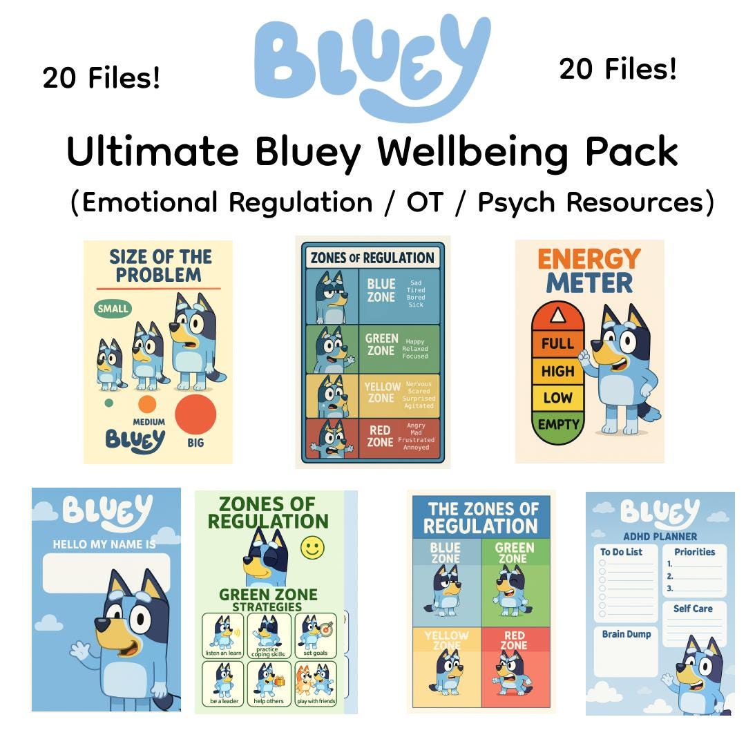 Bluey Wellbeing Pack - Zones of Regulation, Emotional Check In, ADHD ...