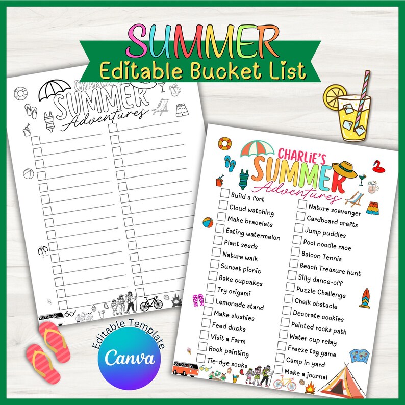 Editable Summer Bucket List Instant Download Family Fun Checklist ...