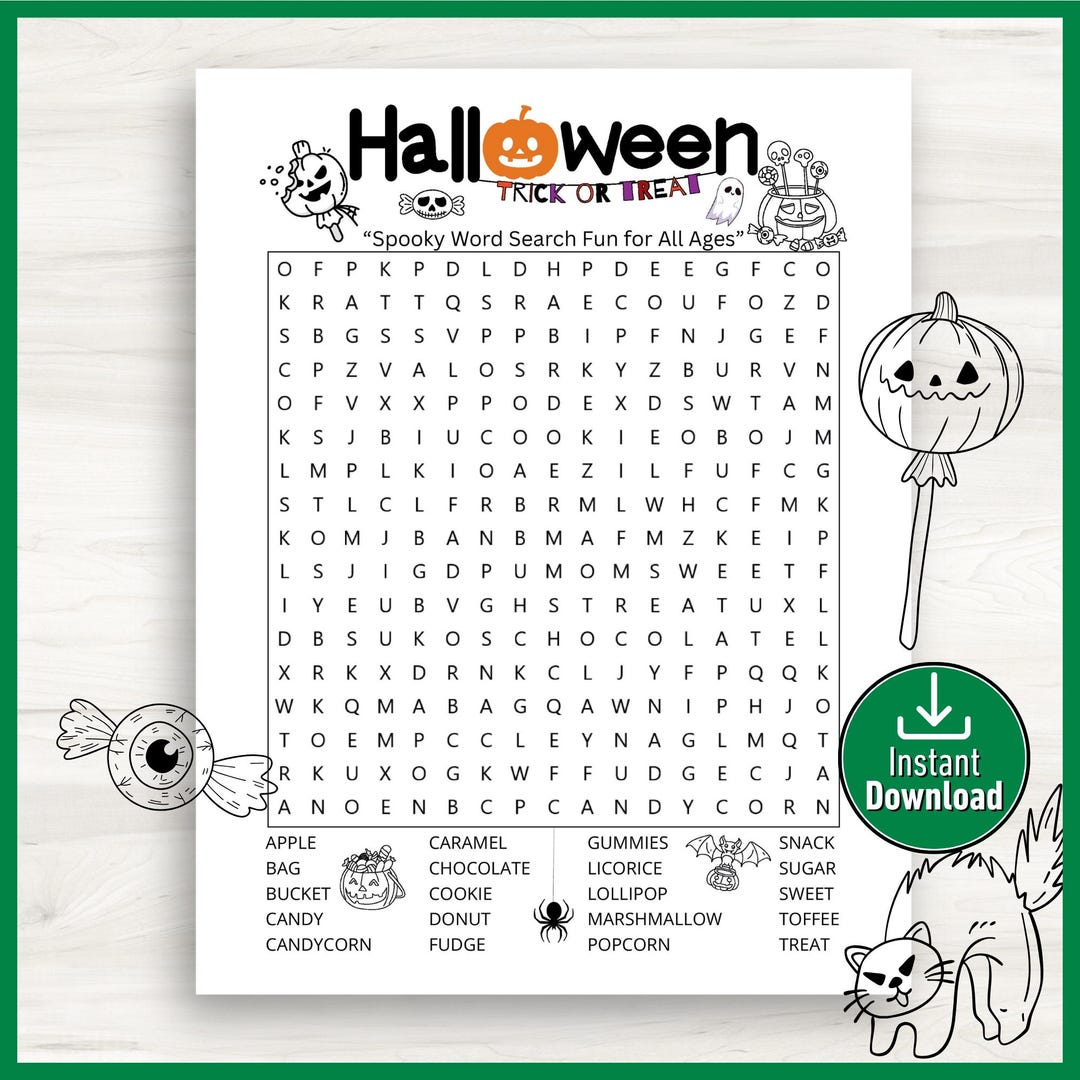 Halloween Word Search Game: Trick or Treat Candy Quest (printable PDF ...