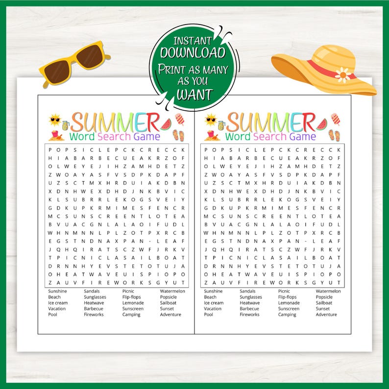 Instant Download Summer Word Search PDF, Giant Printable Puzzle for ...