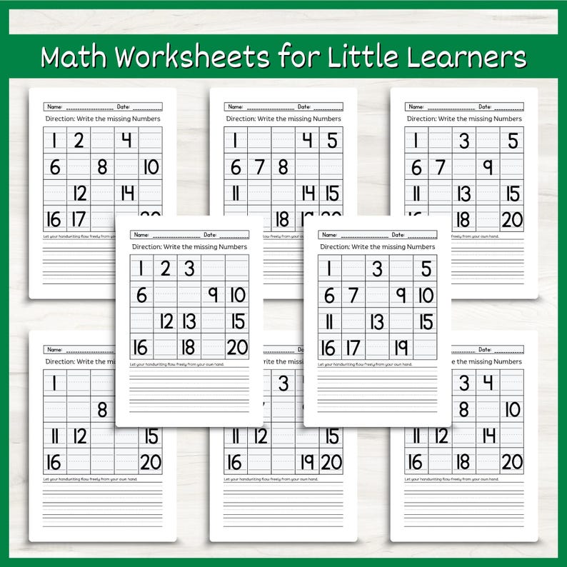 Missing Numbers 1-20 Worksheets: Preschool Kindergarten Math (PDF ...