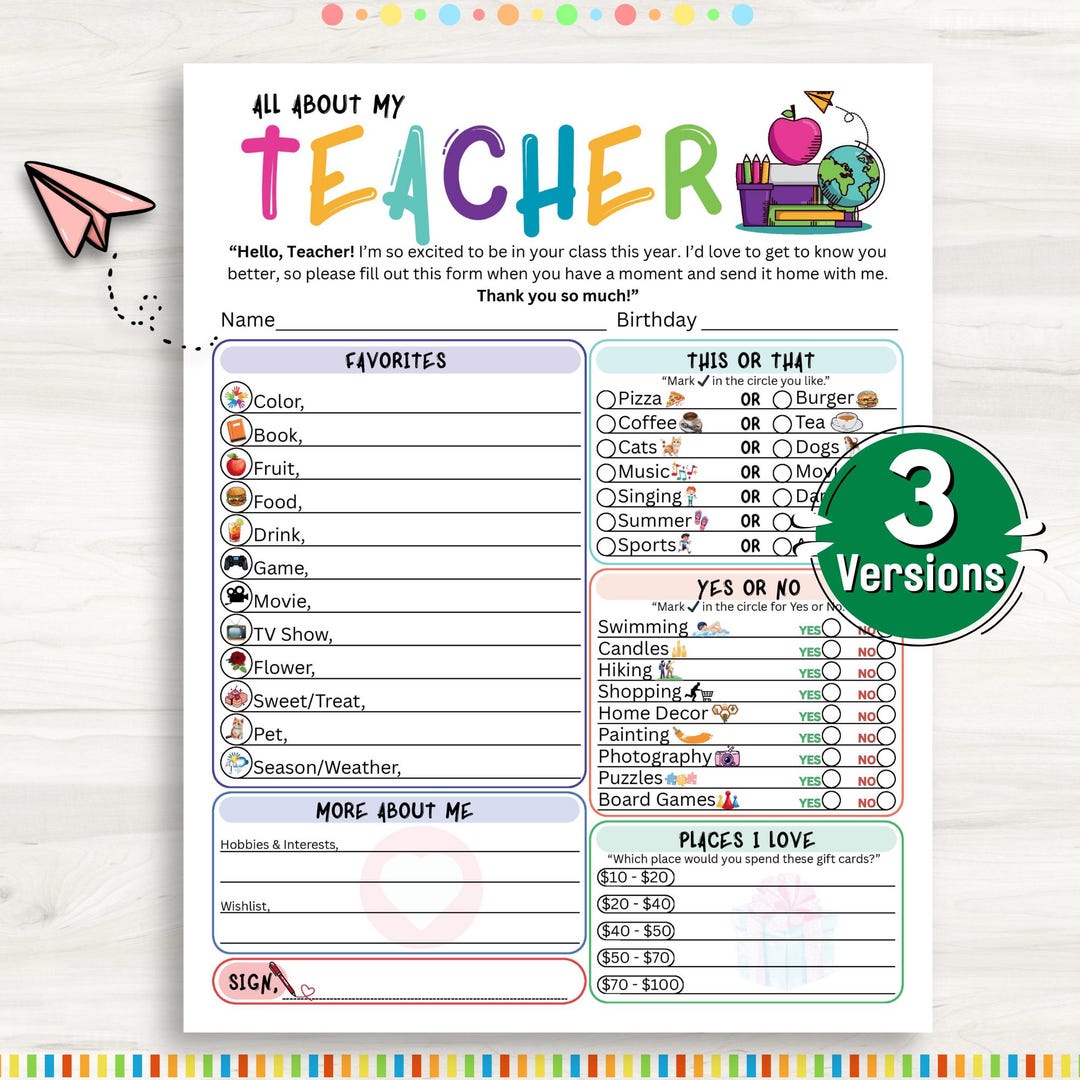 Meet the Teacher Printable Bundle: Teacher Favorites Survey & Classroom ...
