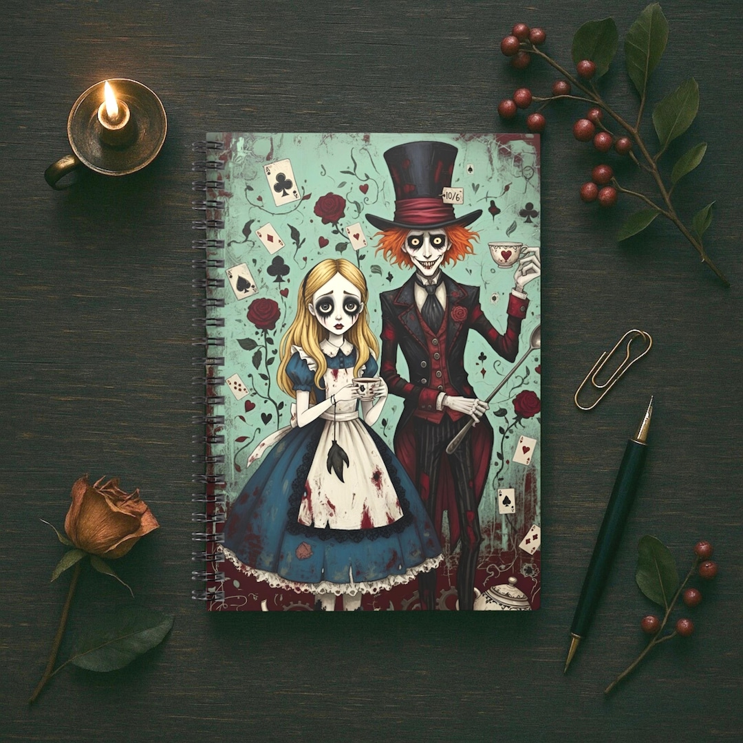 Creepy Gothic Spiral Notebook - Alice & Mad Hatter Dark Wonderland ...