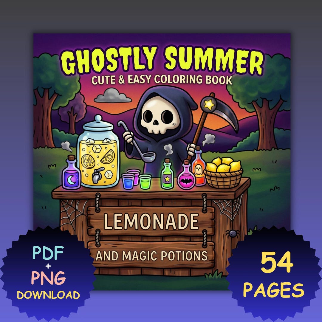 Ghostly Summer Coloring Book: Cozy, Spooky Kawaii Pages (PDF + PNG ...