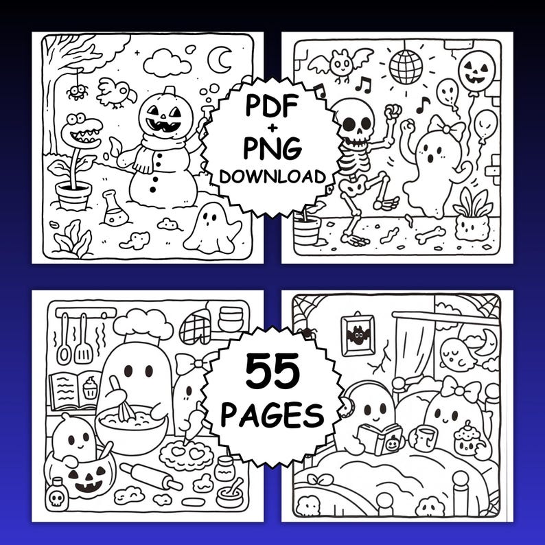 Cute & Spooky Coloring Book PDF PNG Bold Easy Halloween Ghosts Kawaii ...