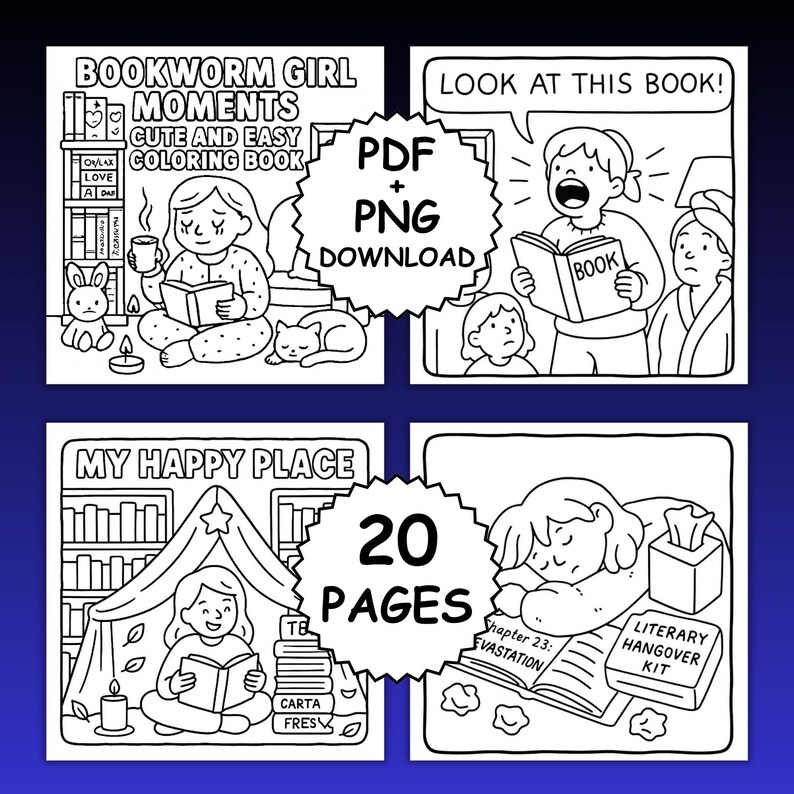 Cozy Bookworm Coloring Book: Introvert Girls, Reading Nooks (PDF + PNG ...
