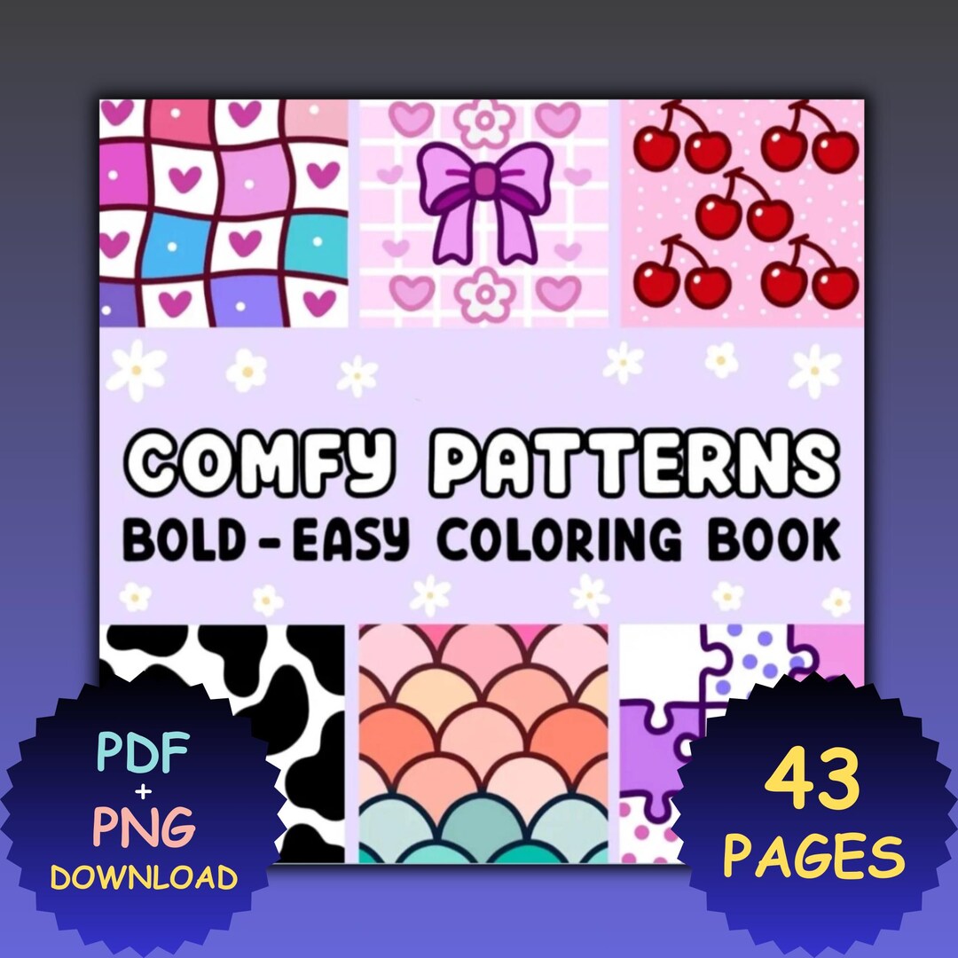 Comfy Patterns Digital Coloring Book PDF + PNG | 43 Bold Easy Kawaii ...
