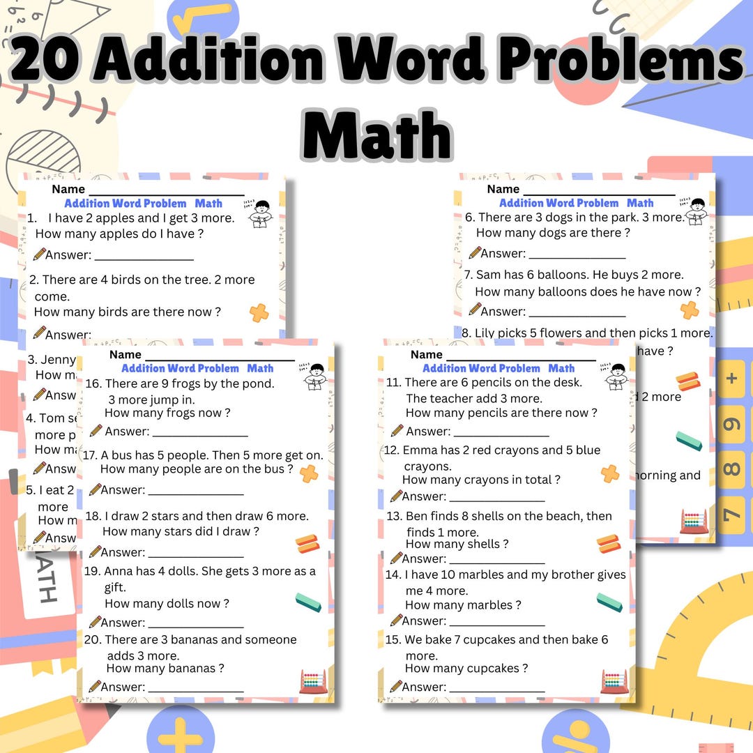 20 Addition Word Problems Worksheets | Kindergarten Math Printable ...