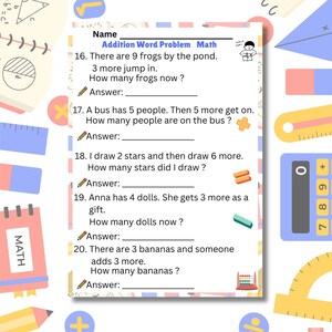 20 Addition Word Problems Worksheets | Kindergarten Math Printable ...