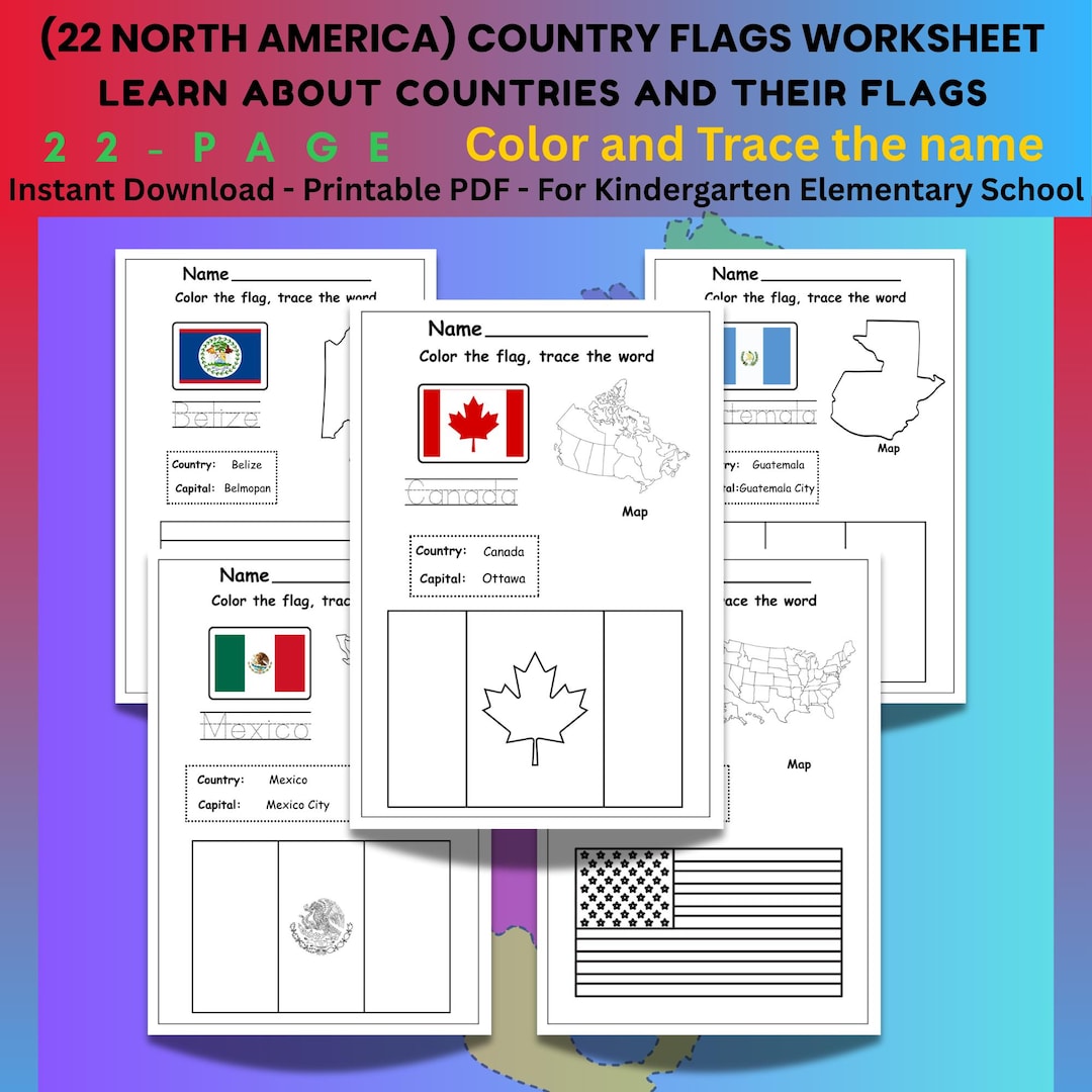North America Country Flags Worksheet - 22 Pages PDF - Color and Trace ...