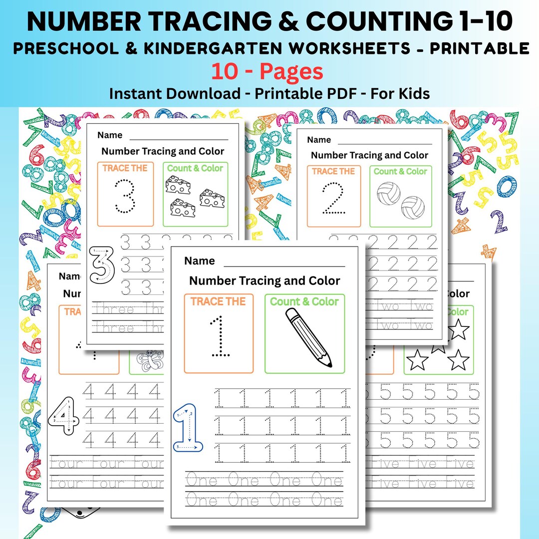 Number Tracing and Counting 1–10 Worksheets - Preschool & Kindergarten ...