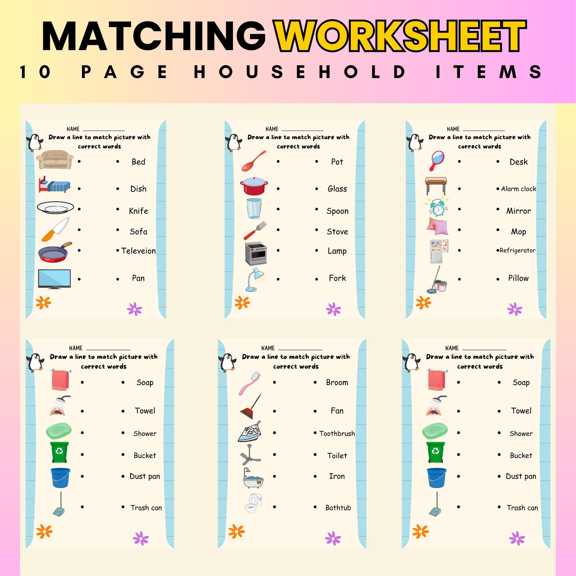 Draw a Line to Match the Picture With the Correct Word, Household Items ...