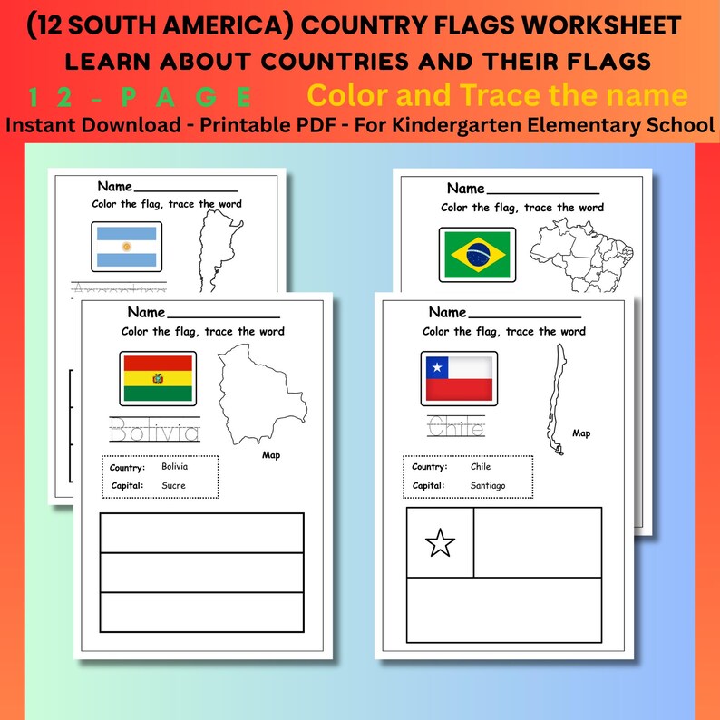 South America Country Flags Worksheet 12 Pages Learn and Trace PDF ...