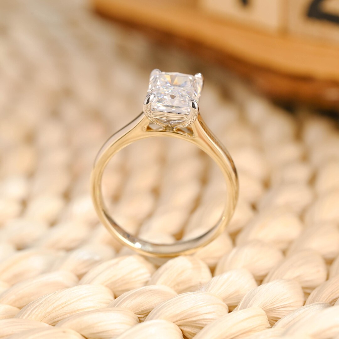 Solid Gold Two Tone Radiant Cut Moissanite Engagement Ring, 3mm Wide ...