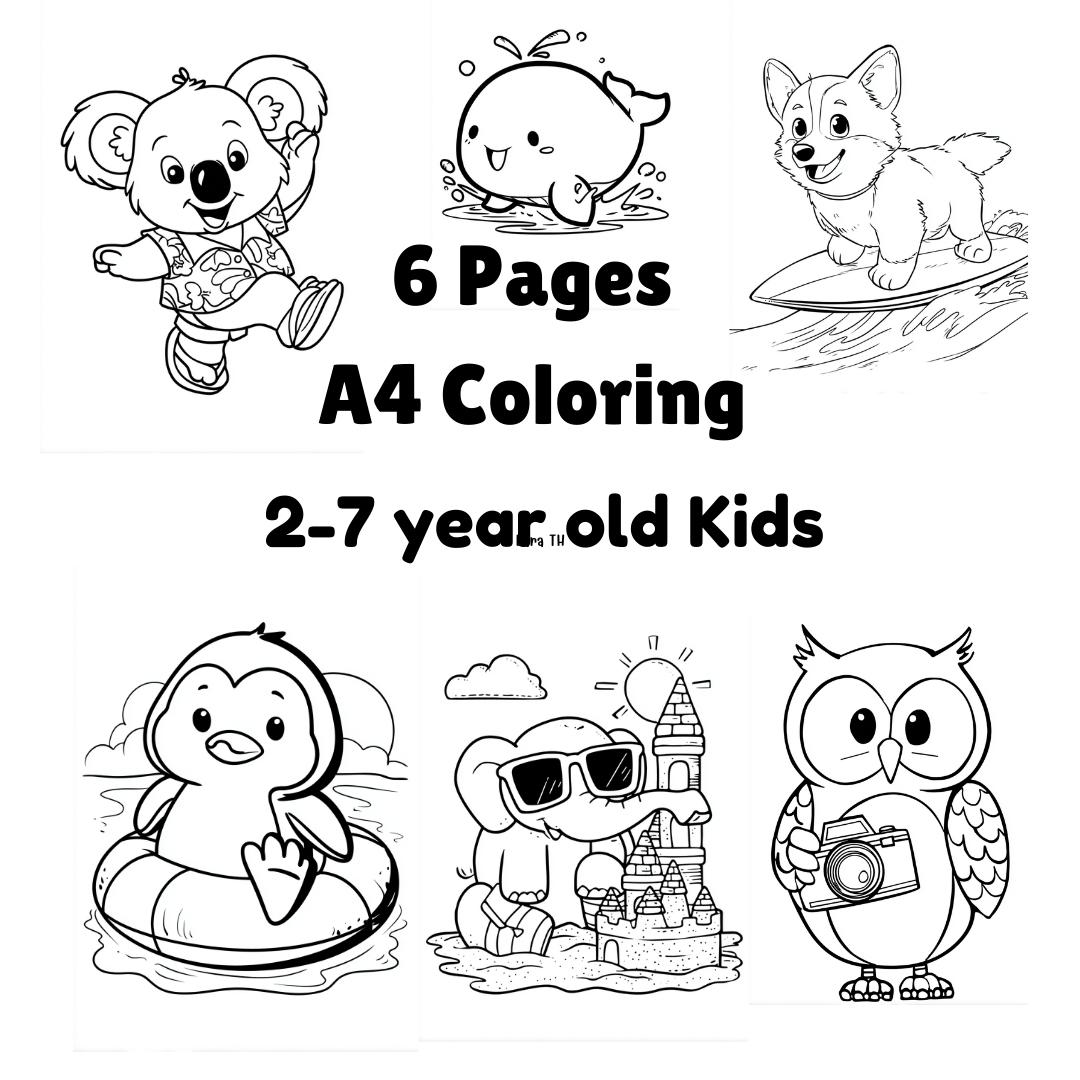 6 Pages A4 Printable Coloring Pages for Kids 6 Cute Animal Designs ...