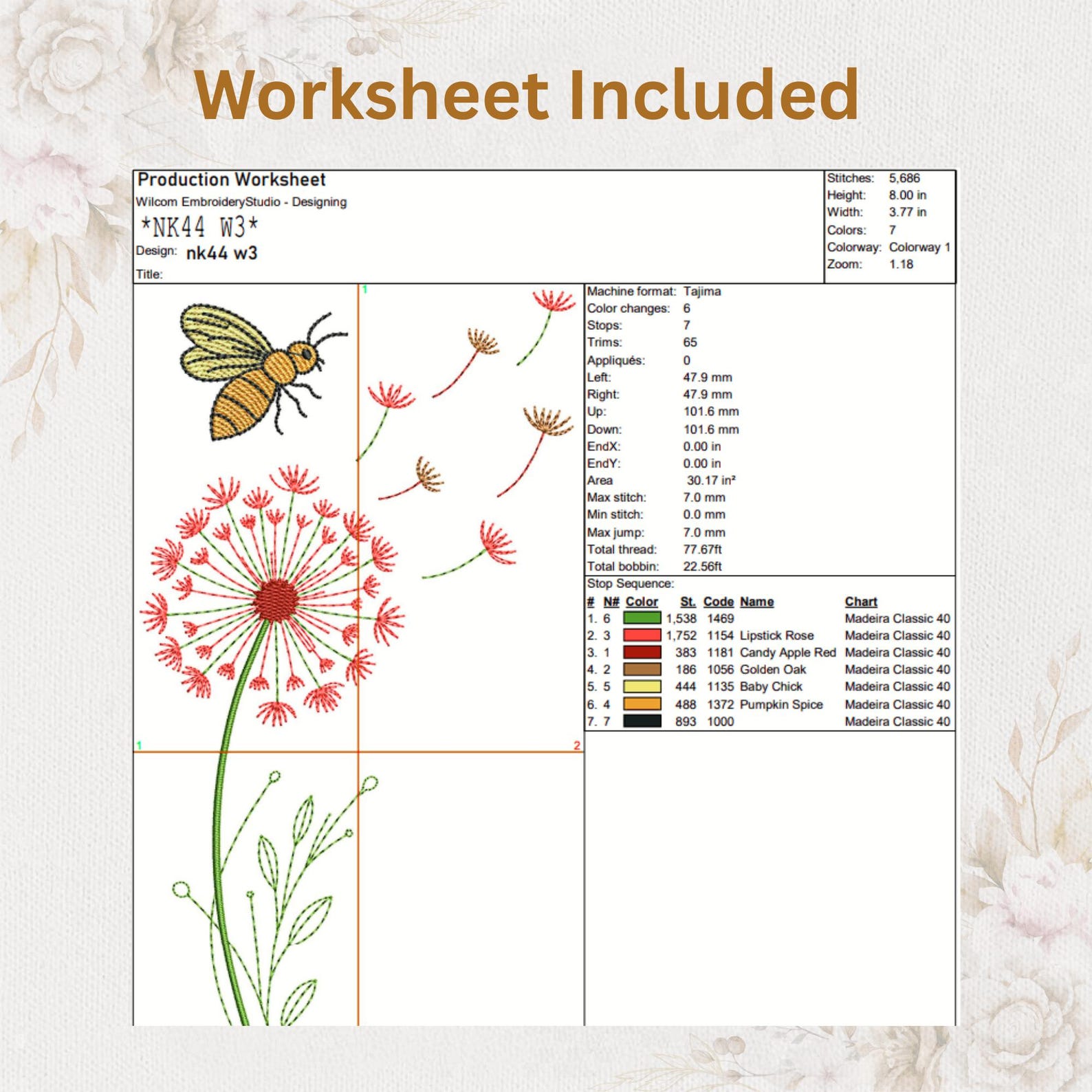 Bee Dandelion Embroidery Design, Floral Embroidery Pattern, Blowing ...