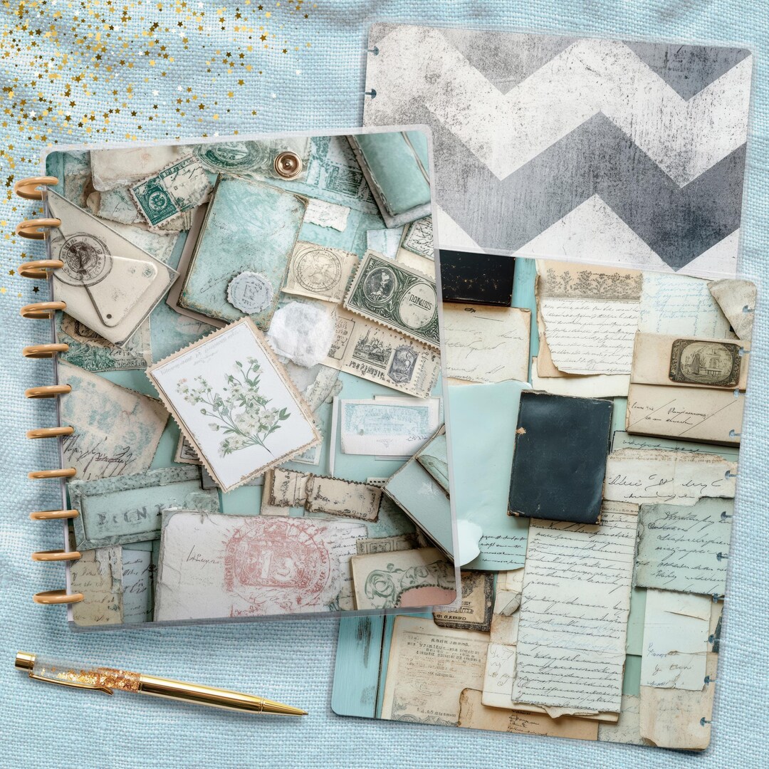 Icy Blue Collage Big Happy Planner Cover, Vintage Journal Accessory ...