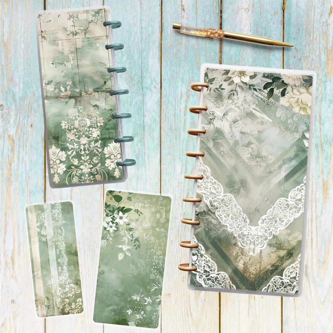 Green Lace Pattern Disc Bound Planner Cover, Skinny Mini Classic Happy ...
