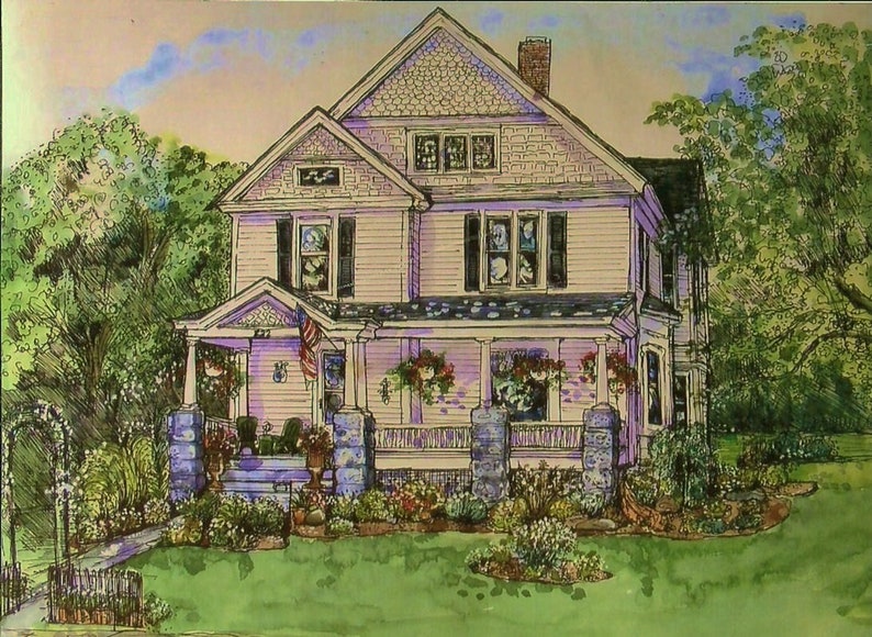 Custom House Portrait , Pen&ink and Watercolor Original Handpainted ...