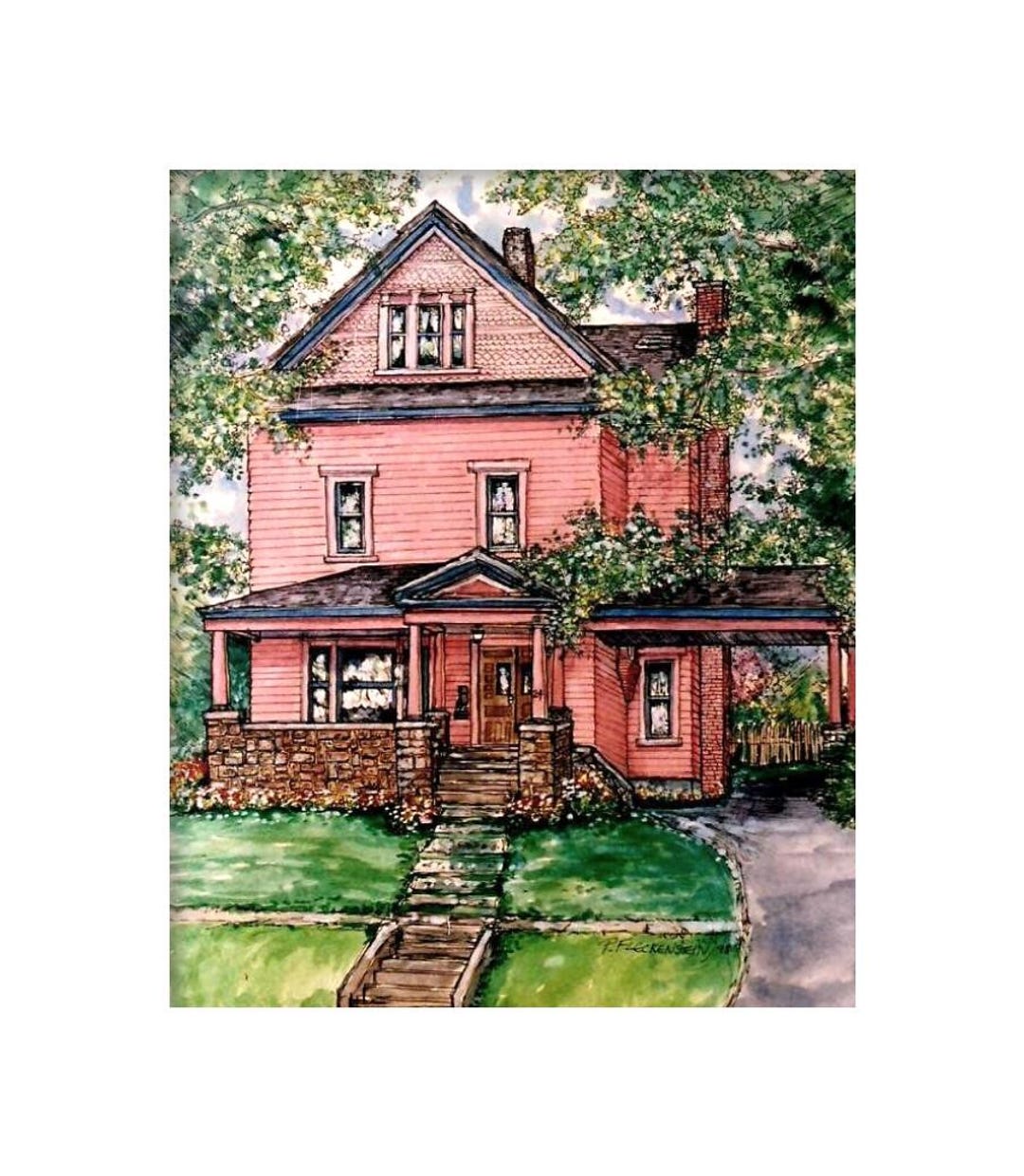 Mixed Media House Portrait, Pen and Ink and Watercolor, Artist Original ...
