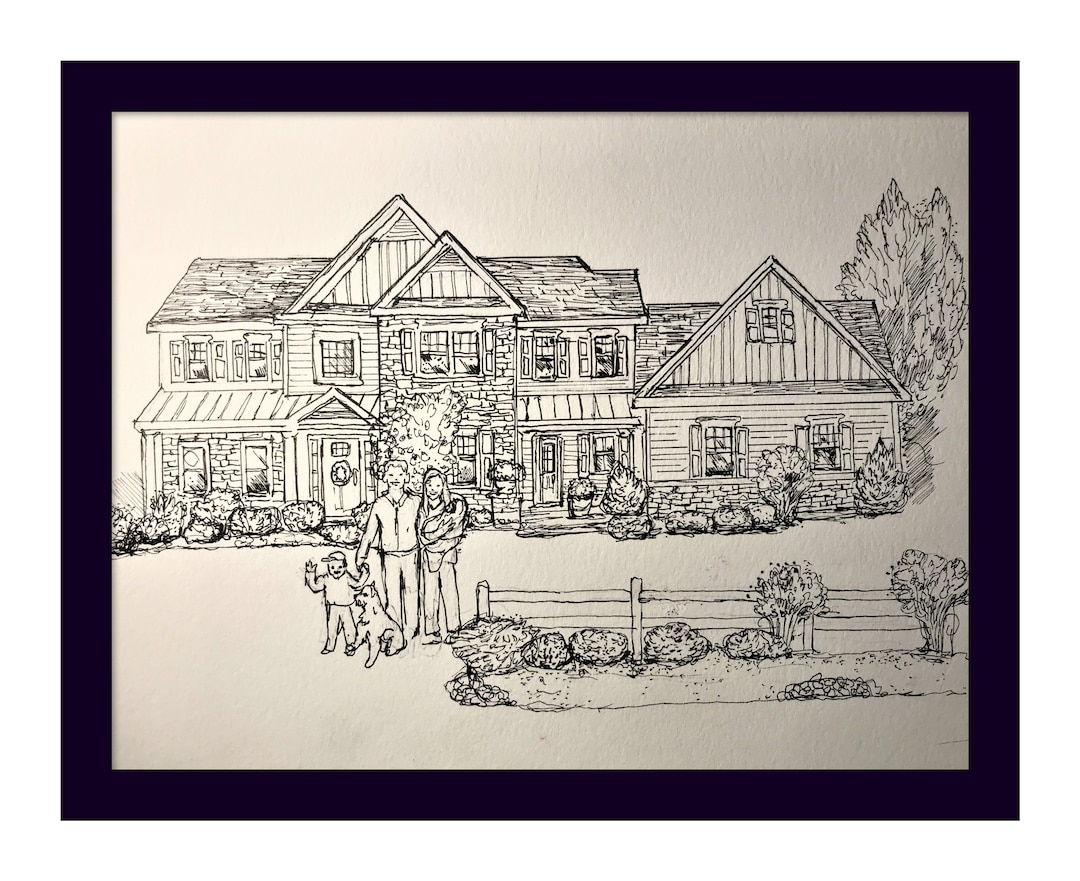 Home and Family Portrait From Photos in Handdrawn Pen & Ink Custom ...