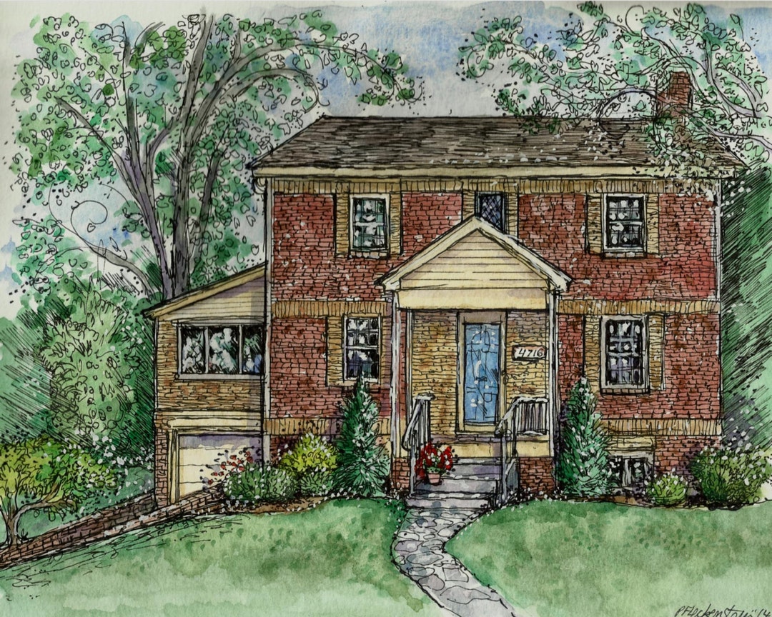 Custom House Portrait Hand-painted in Pen/ink and Watercolor From Your ...