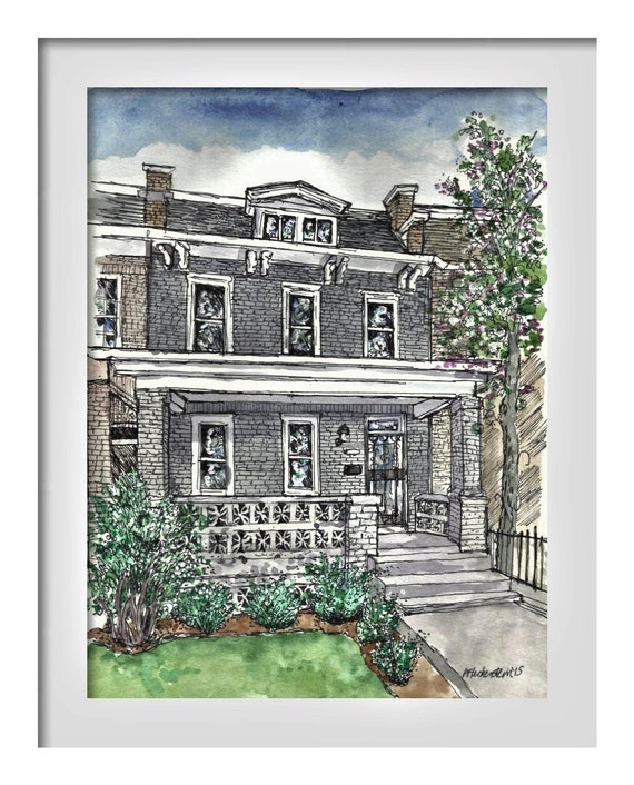 Custom Home House Portrait in Pen&ink and Watercolor - Etsy